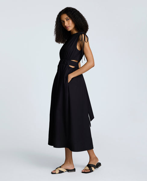 Rouched Waist Midi Dress with Tie Shoulders