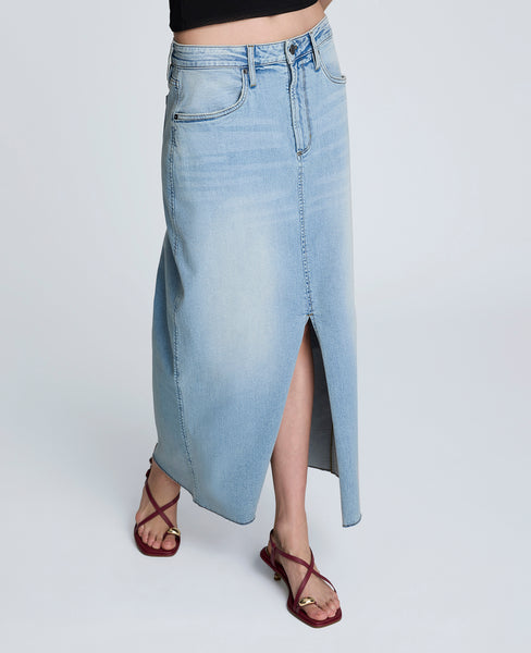 Denim Fly Front 4-Pocket Maxi Skirt With Fray Hem