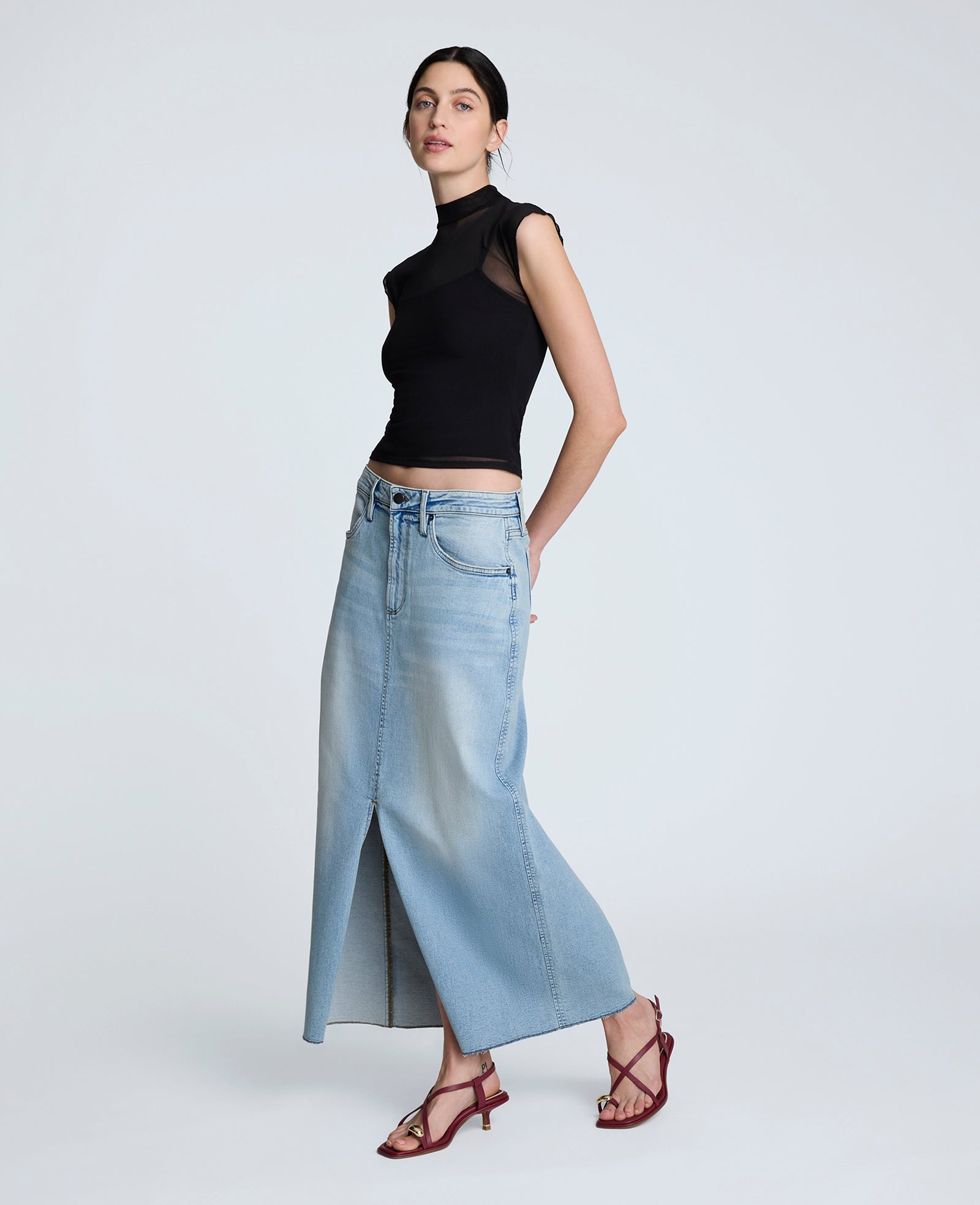 Denim Fly Front 4-Pocket Maxi Skirt With Fray Hem