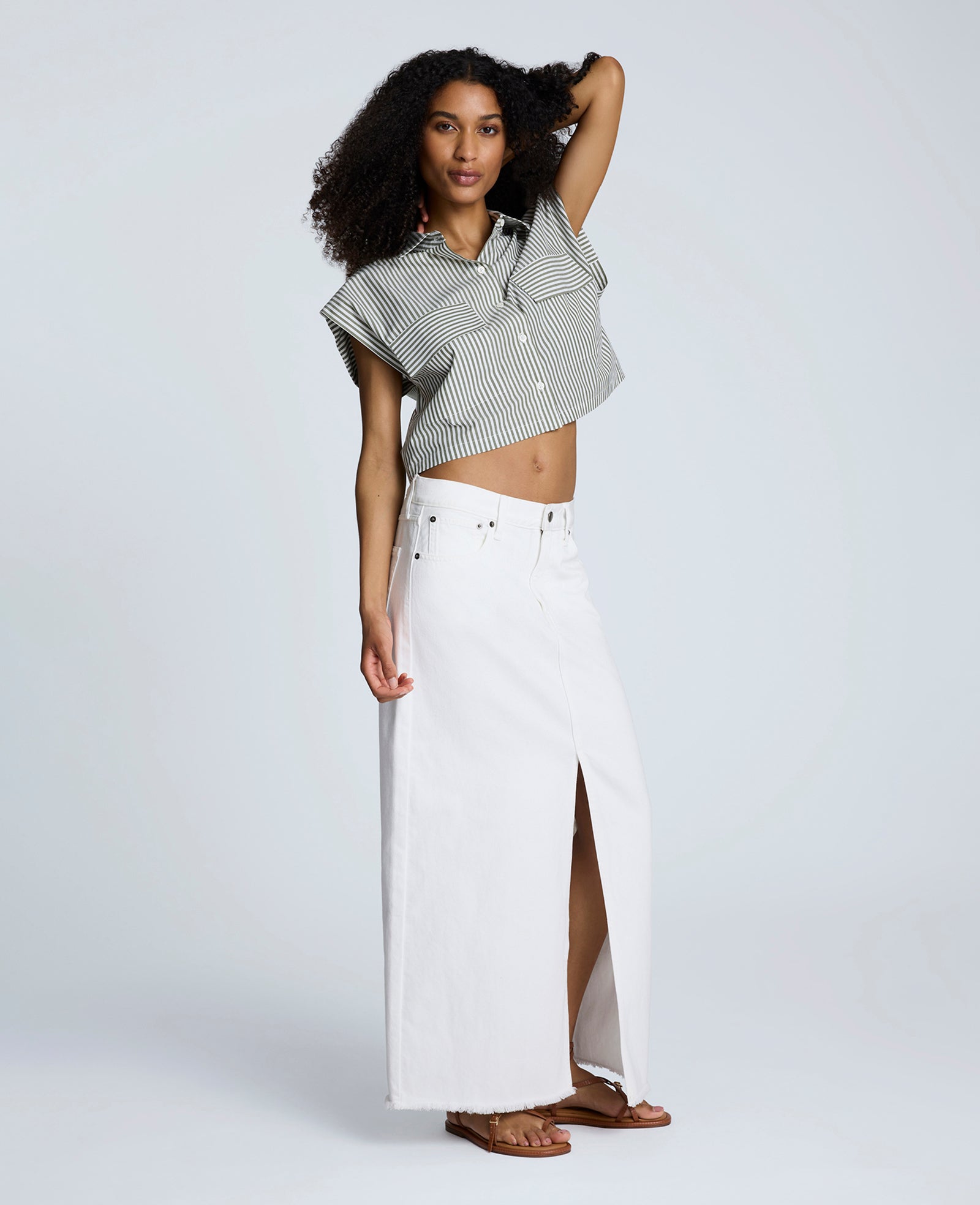 Denim Fly Front 4-Pocket Maxi Skirt With Fray Hem