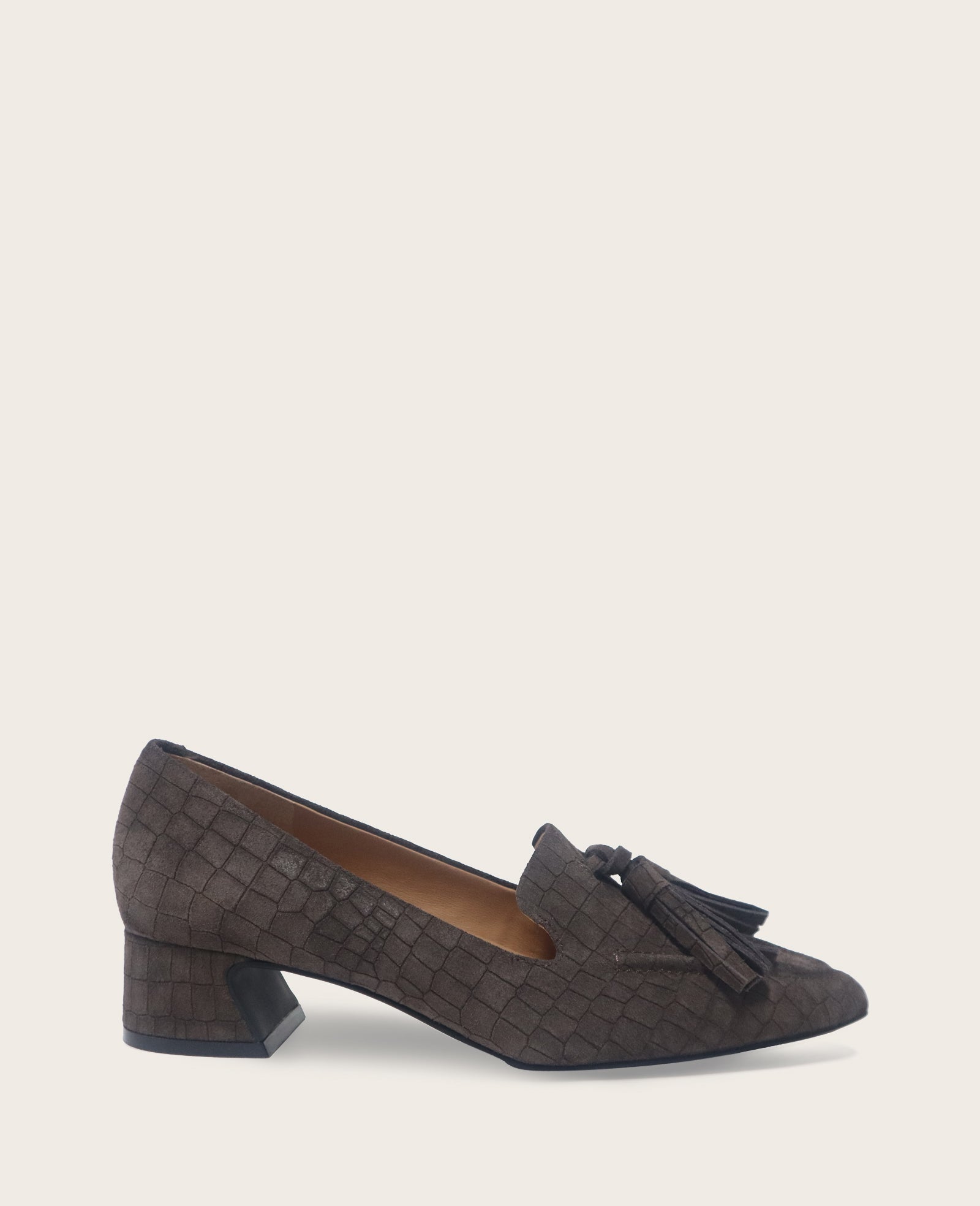 Glova Embossed Suede Tassel Heel – Chocolate | Gentle Souls