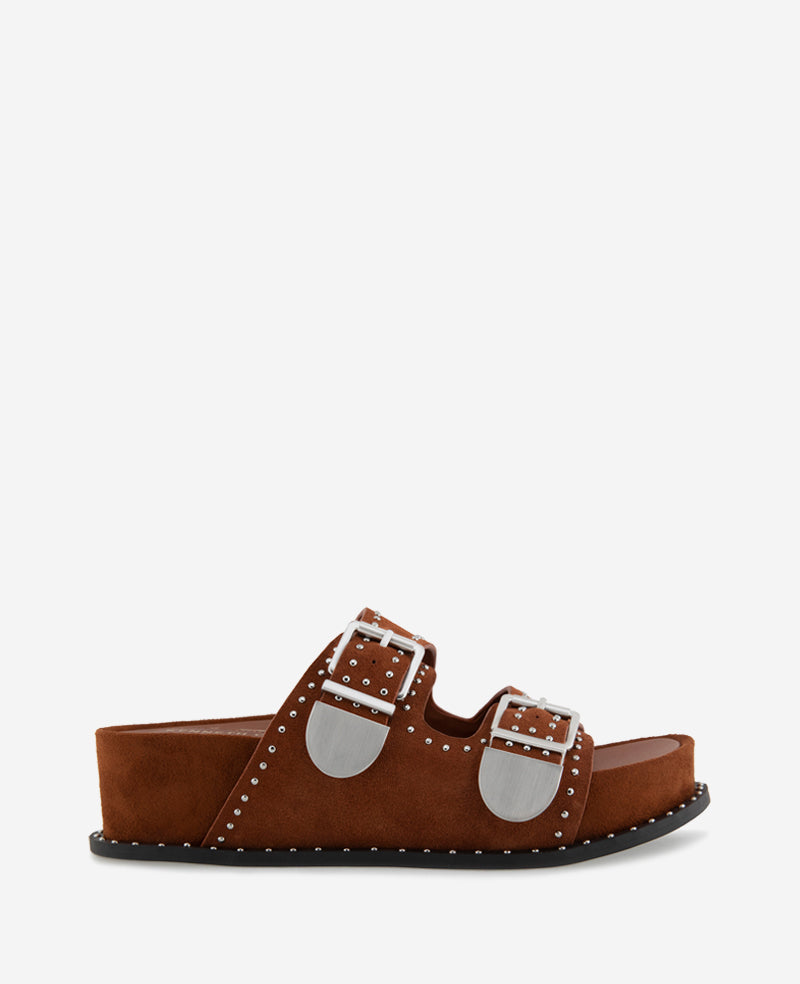 Gradie Double Buckle Studded Suede Platform Slide Sandal | Kenneth Cole