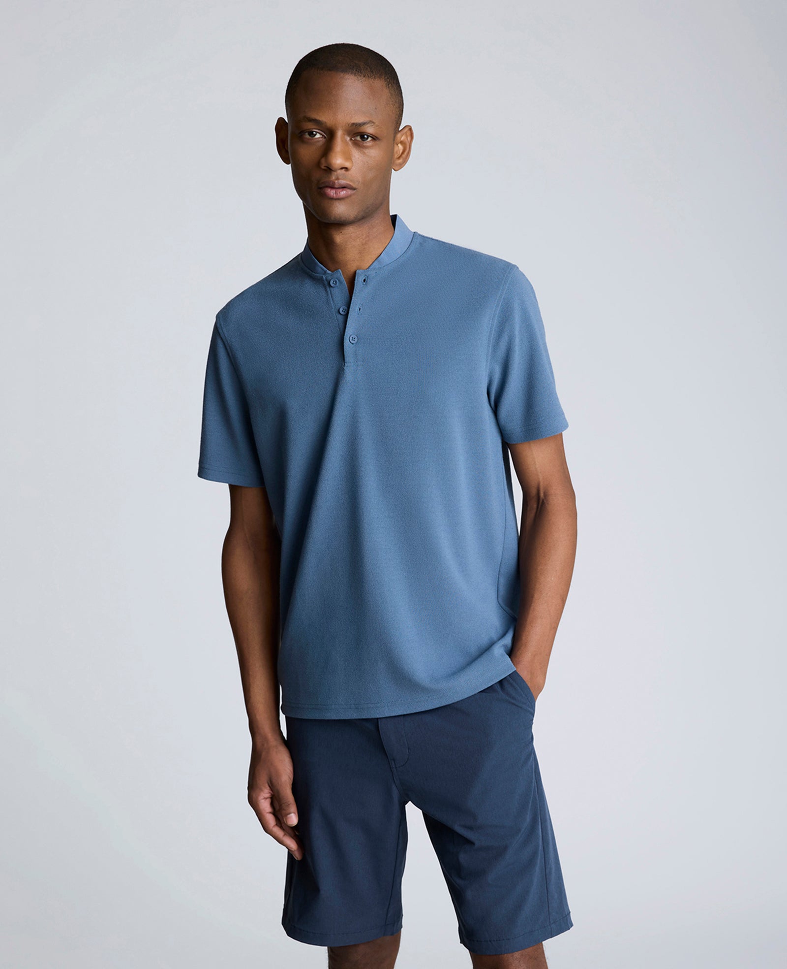 Blue Band-Collar Henley – Moisture-Wicking Stretch | KC