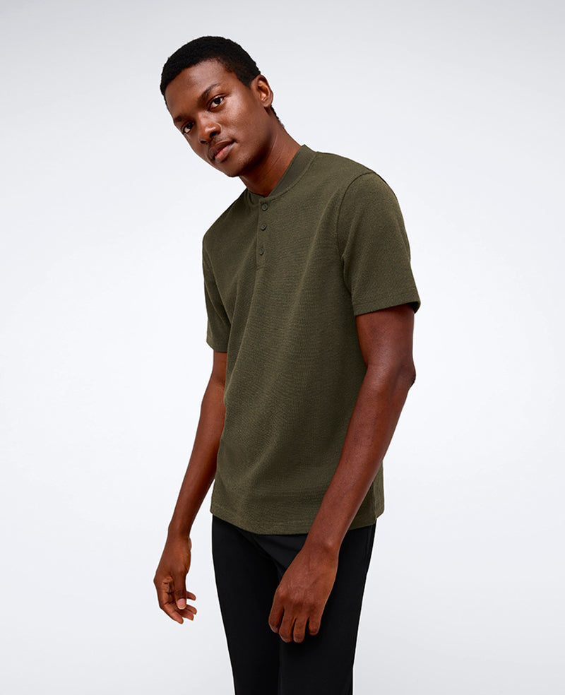 Dark Green Band-Collar Henley – Stretch & Wicking | KC