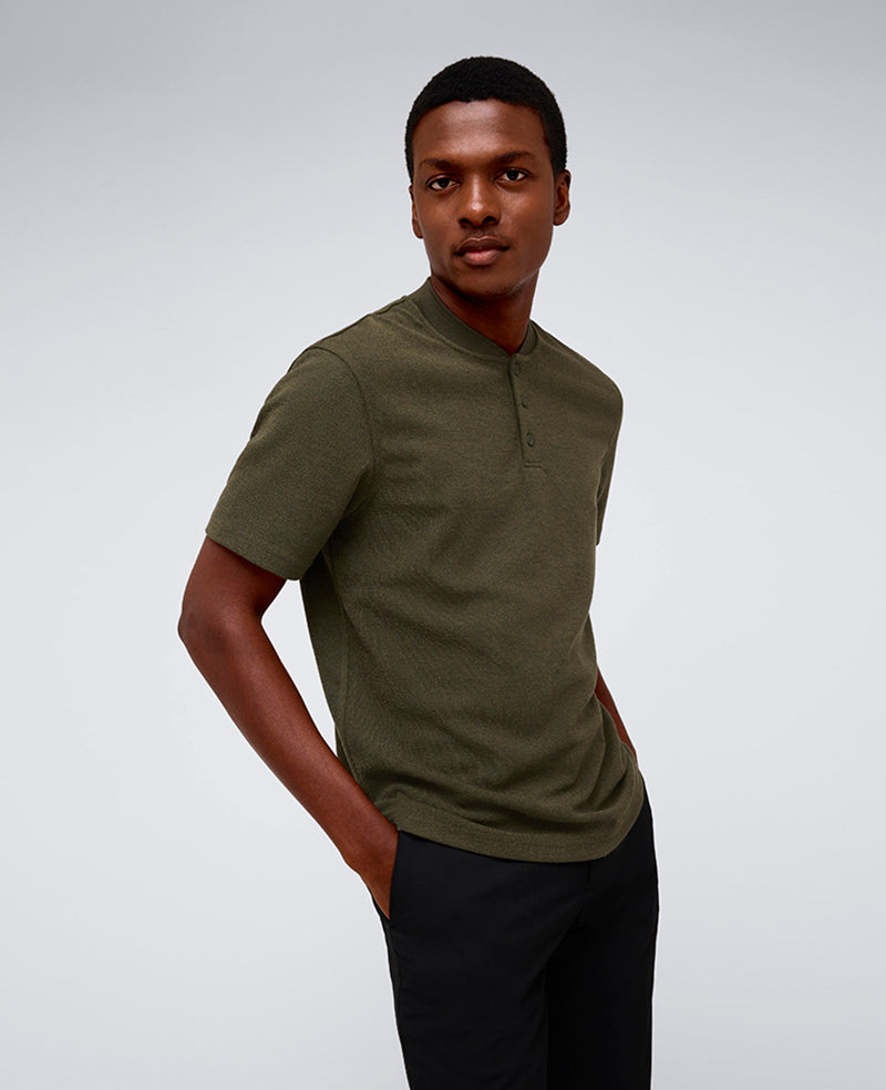 Dark Green Band-Collar Henley – Stretch & Wicking | KC