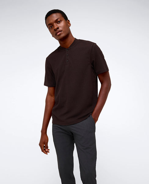 Dark Brown Band-Collar Henley – Breathable & Stretch | KC