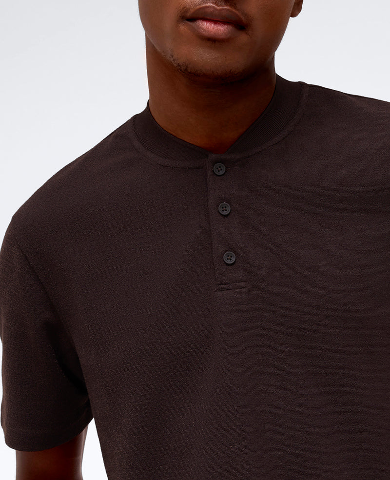 Dark Brown Band-Collar Henley – Breathable & Stretch | KC