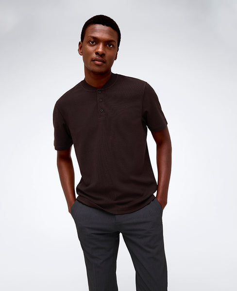 Dark Brown Band-Collar Henley – Breathable & Stretch | KC