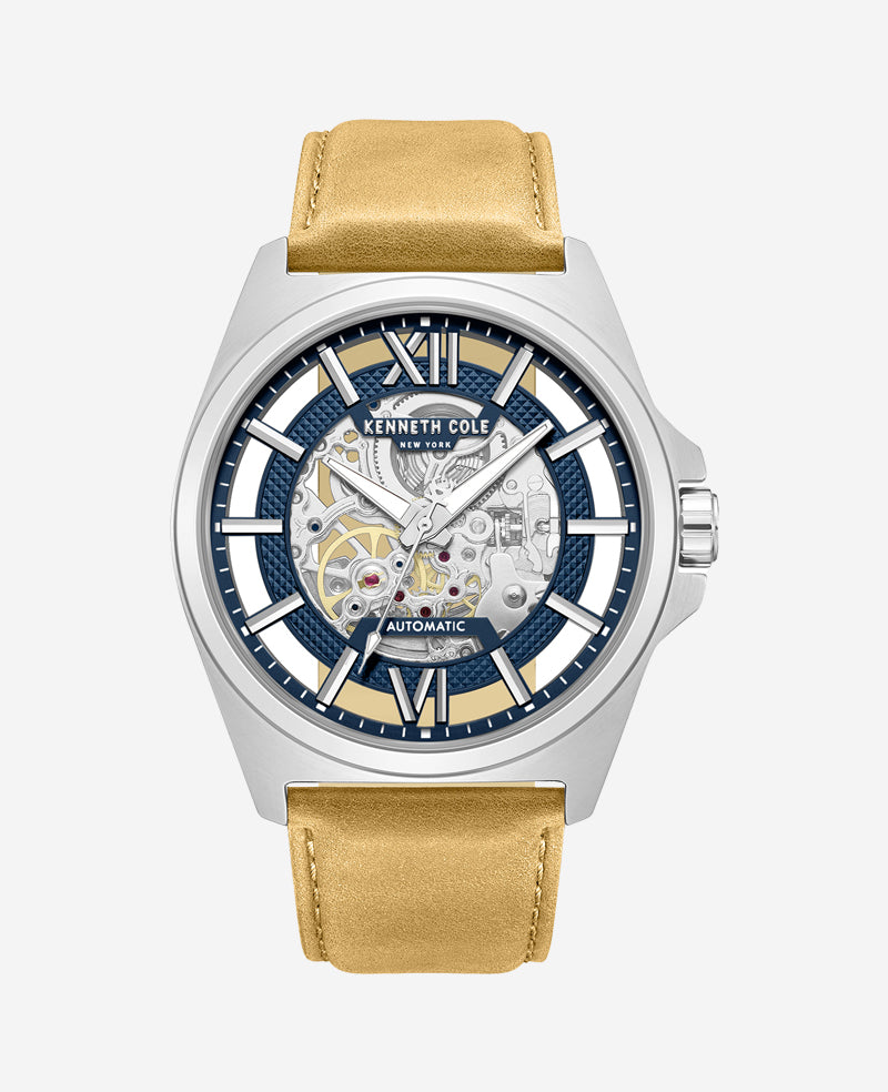 Men's Skeleton Automatic Watch with Tan Leather Strap | KC