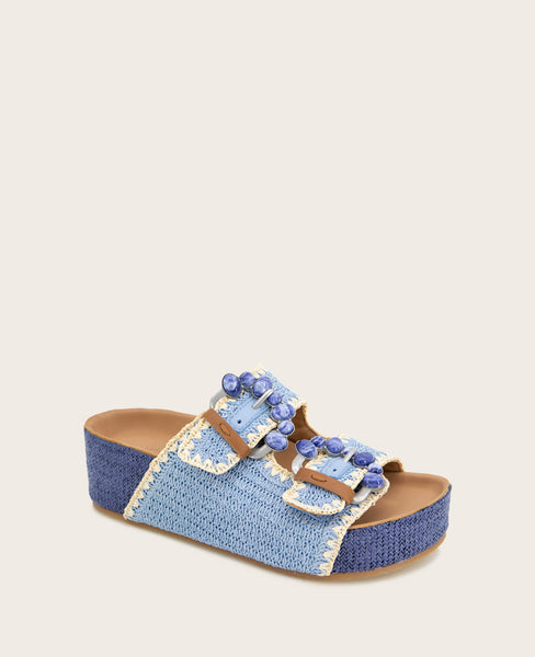 Kendall Light Blue Raffia Wedge for Women, Slide Sandal | KC