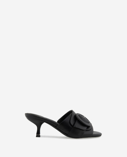 Shop Valentina Leather Kitten Heel Slide Sandal – Black | KC